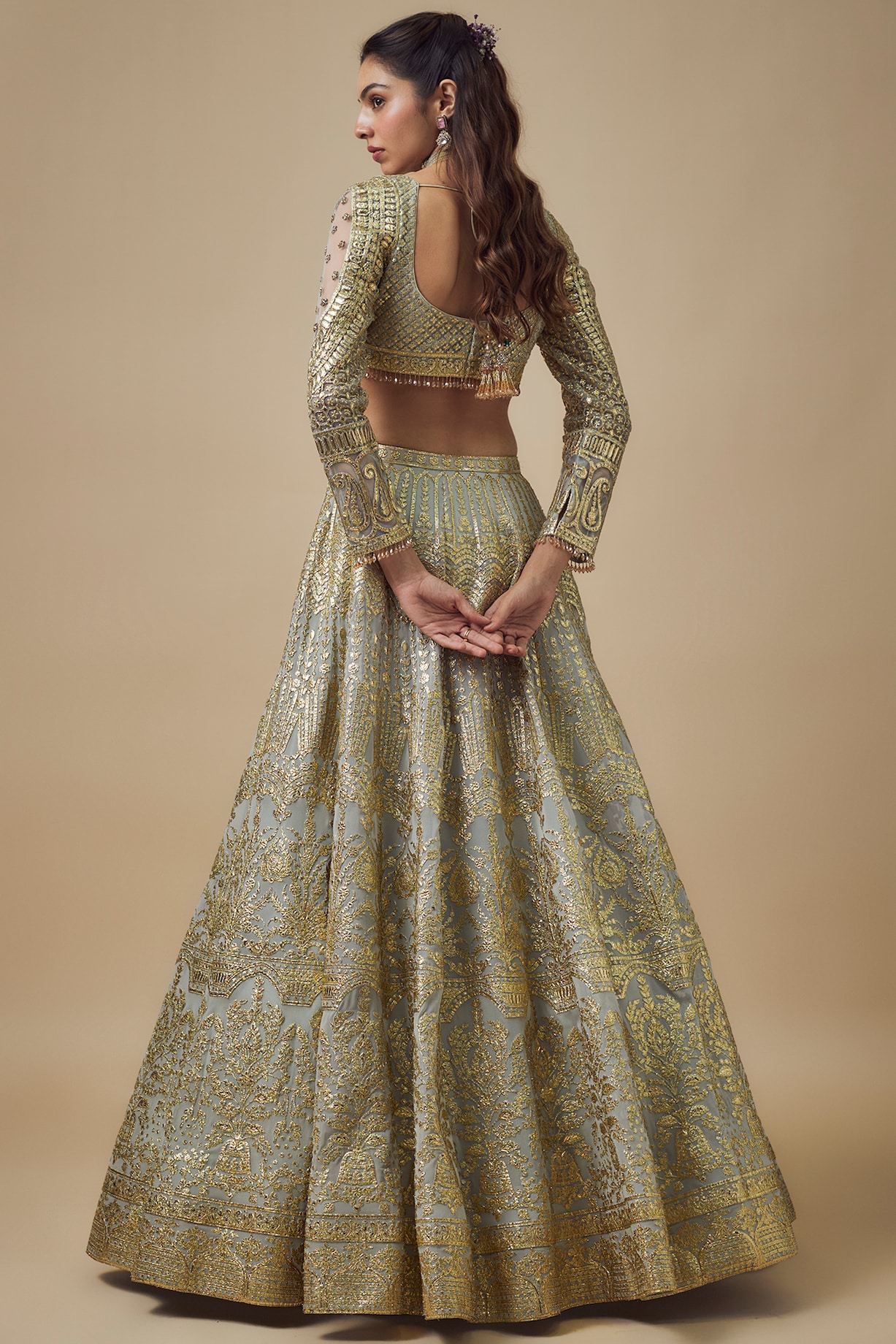 Aqua Georgette Gold Foil & Badla Work Bridal Lehenga Set by Falguni ...