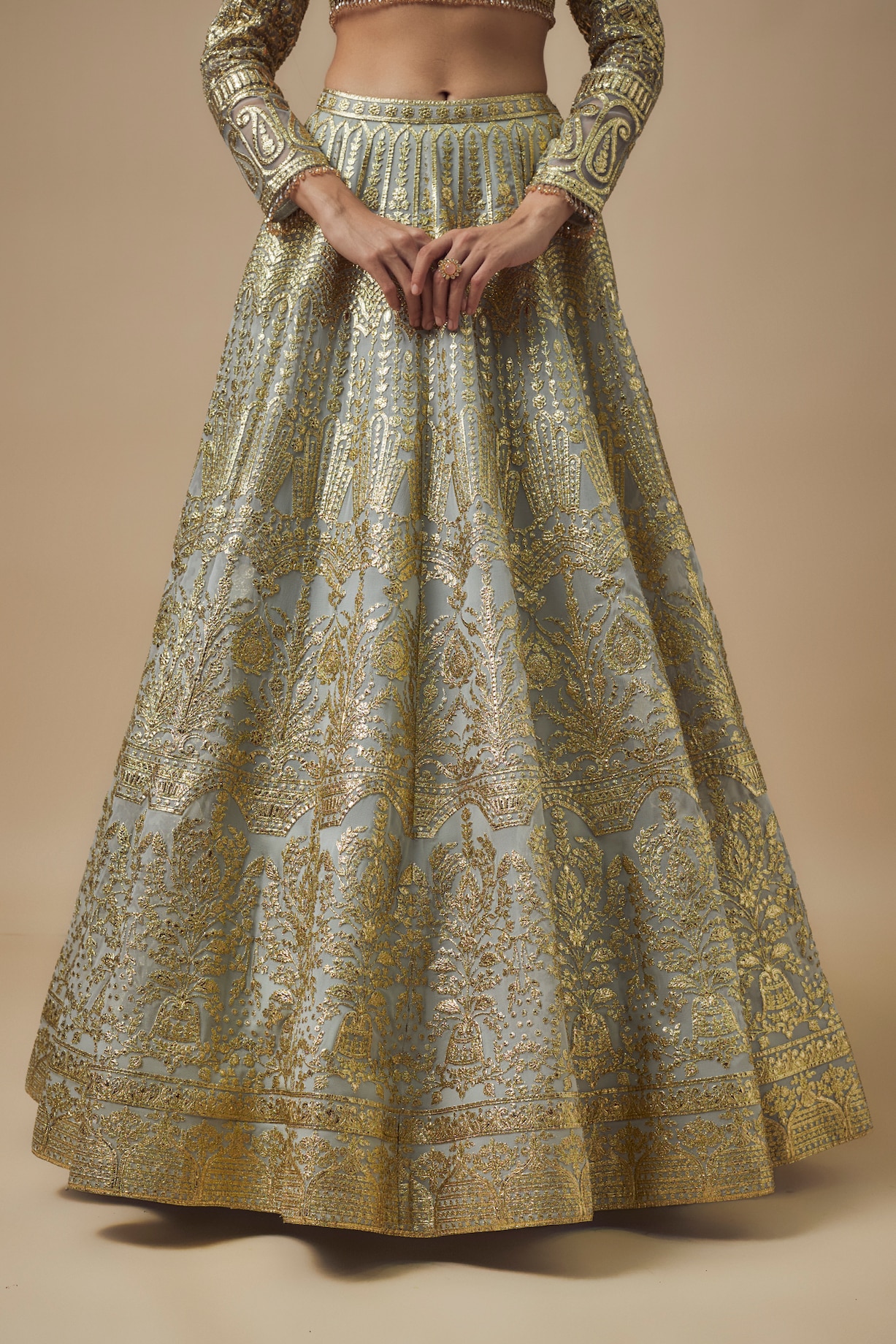 Aqua Georgette Gold Foil & Badla Work Bridal Lehenga Set by Falguni ...