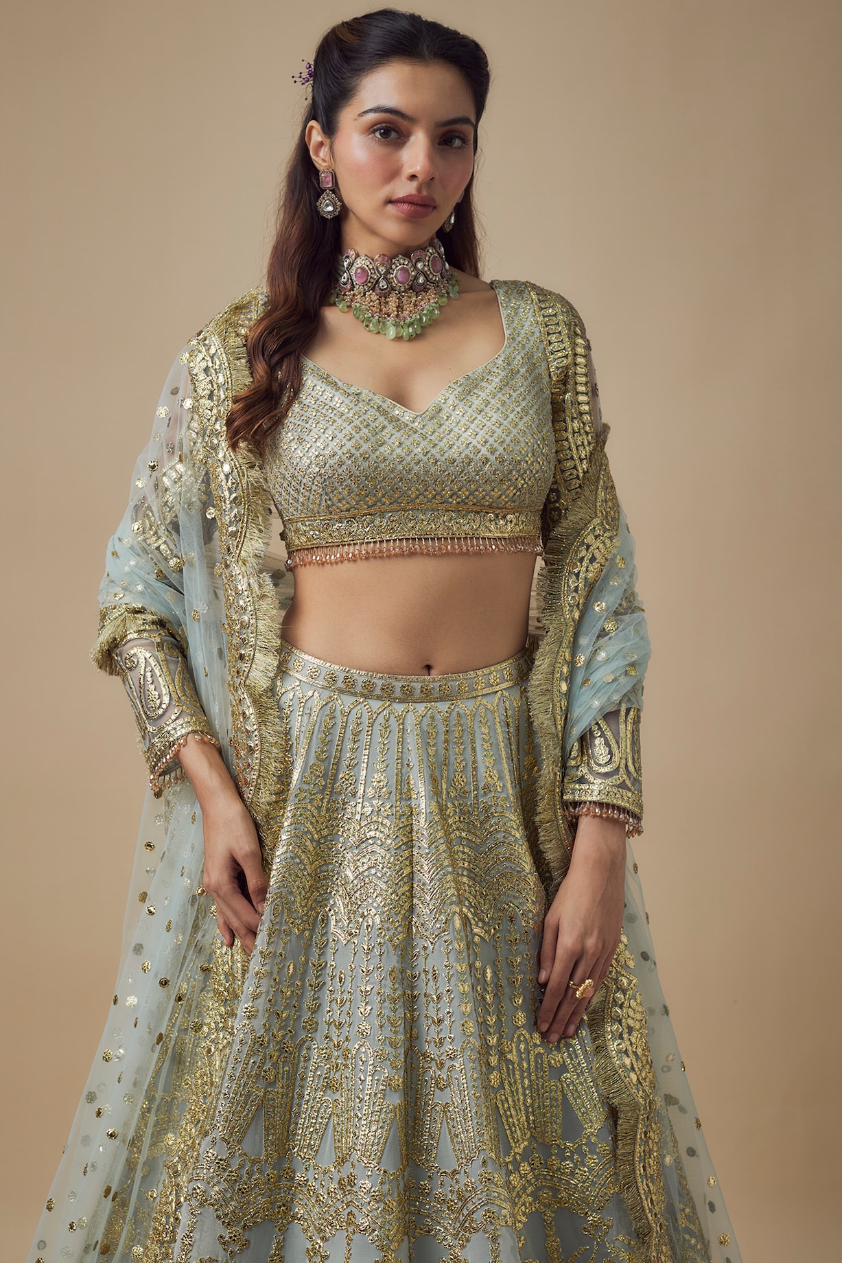 Aqua Georgette Gold Foil & Badla Work Bridal Lehenga Set by Falguni ...