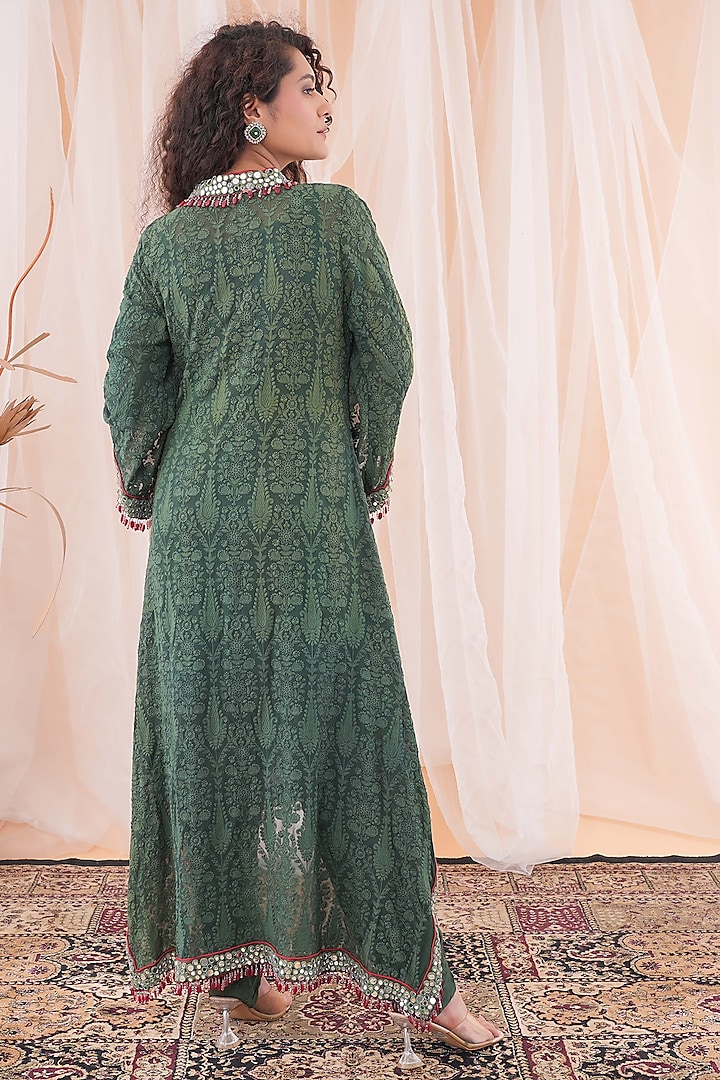 Pine Green Georgette & Banarasi Brocade Mirror Embroidered Kurta Set by Farha Syed at Pernia's ...