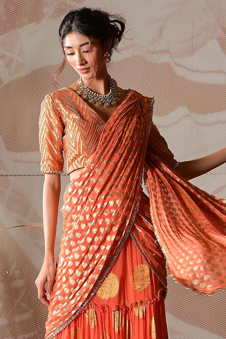 Rust Orange Banarasi Georgette Draped Sharara Saree Set by Farha Syed ...