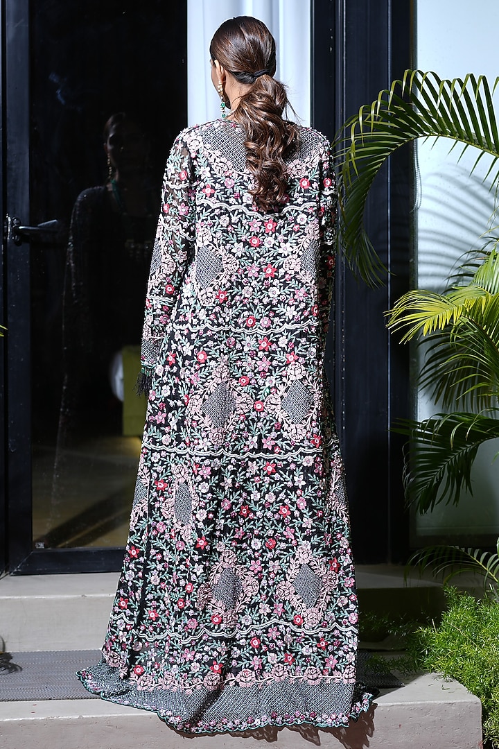 Black Modal Silk Hand Embroidered Draped Gown by Farha Syed at Pernia's ...