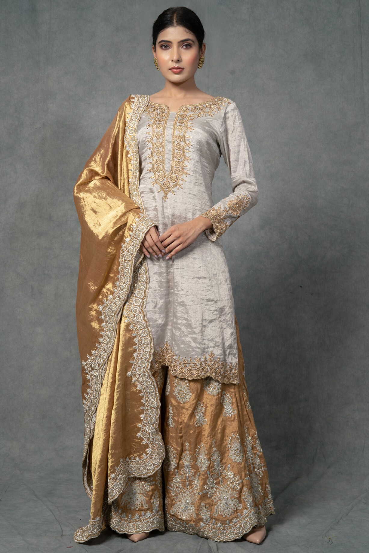 Silver & Gold Hand Embroidered Sharara Set by Farha Syed at Pernia's ...