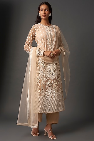 Beige & Silver Net Resham Work Kurta Set by Falguni Shane Peacock India ...