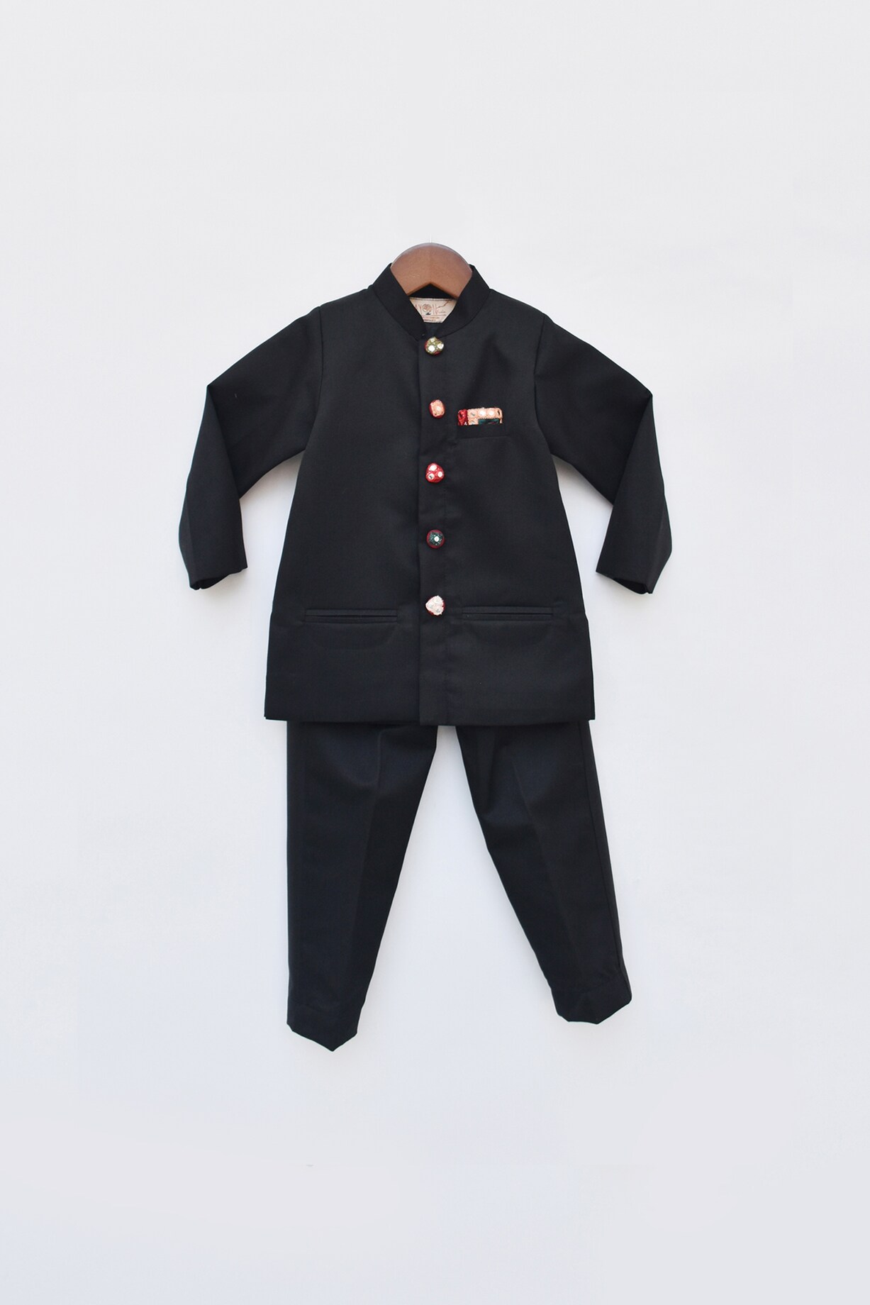 Black Jacket Set With Mirror Embroidered Buttons For Boys by Fayon Kids ...