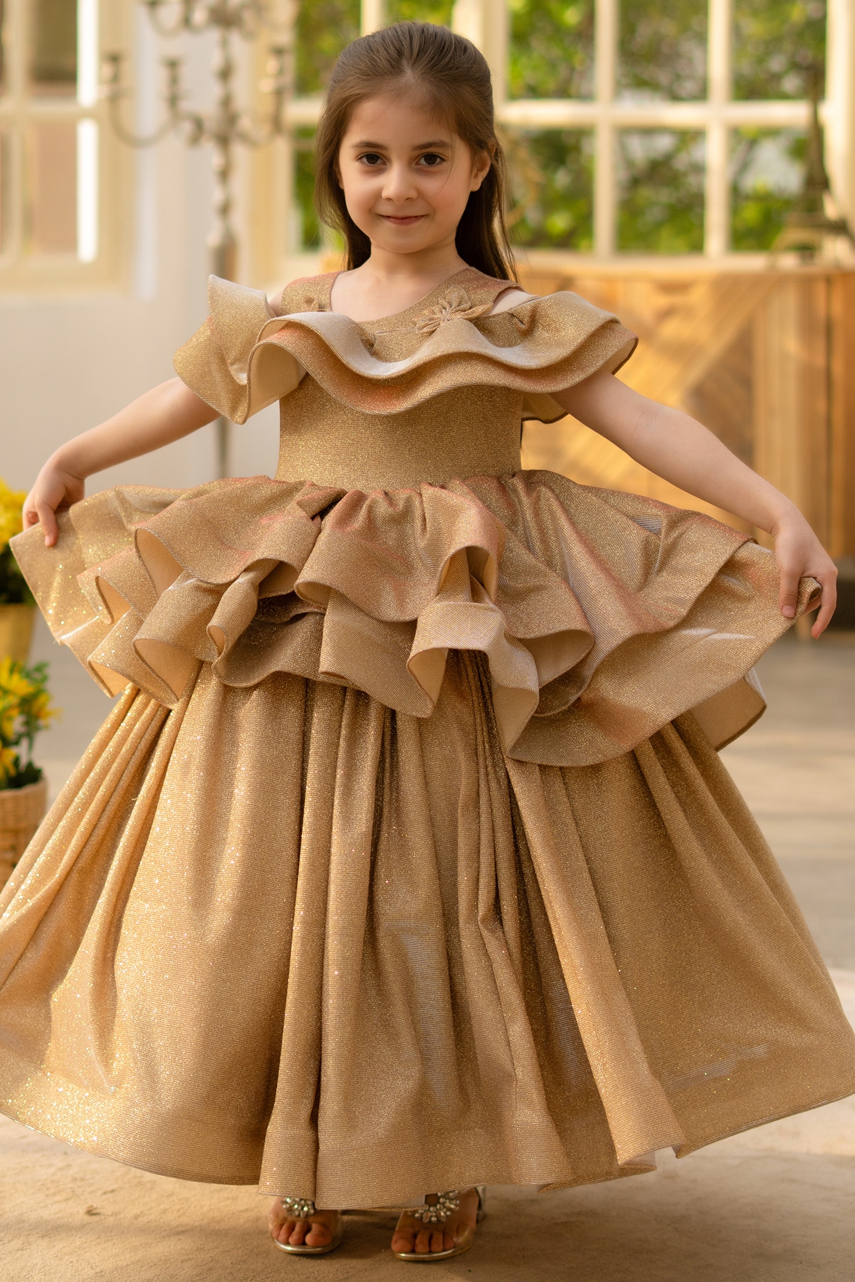 Golden Shimmer Embroidered Gown For Girls by Fayon Kids at Pernia's Pop ...