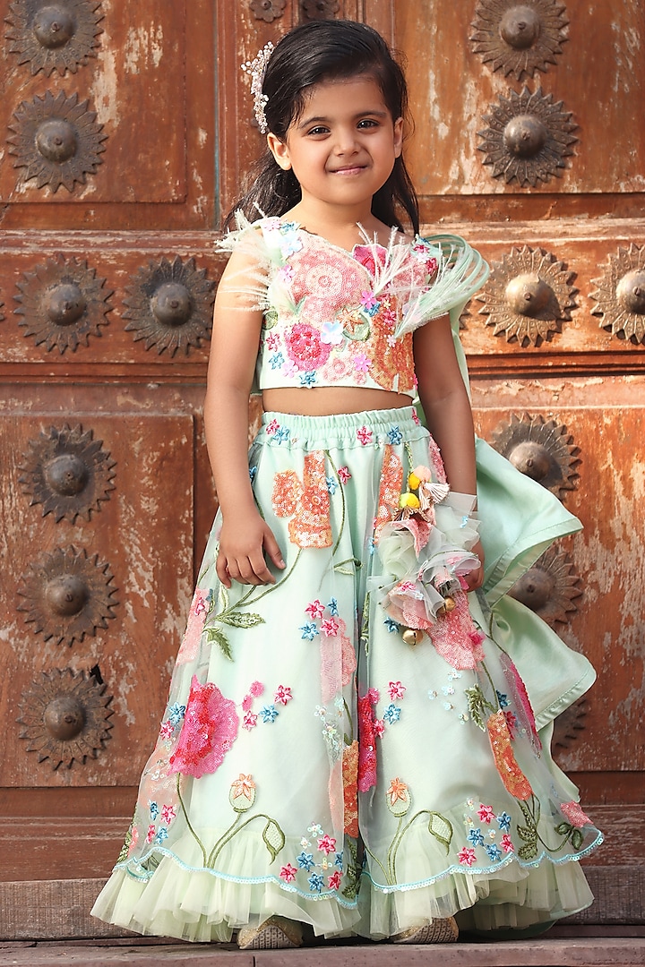 Pista Green Net Frilled Lehenga Set For Girls by Fayon Kids at Pernia's ...