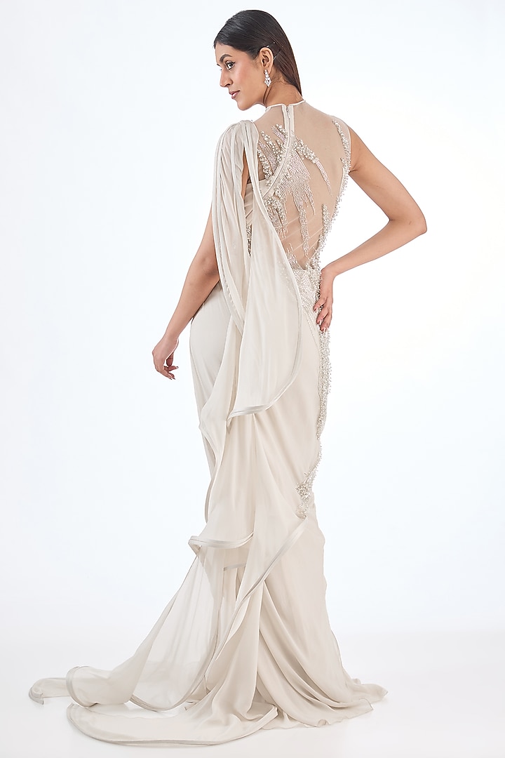 Sage Gold Viscose Georgette Crystal & Glass Bugle Beads Embroidered ...