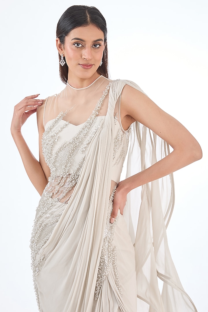 Sage Gold Viscose Georgette Crystal & Glass Bugle Beads Embroidered ...