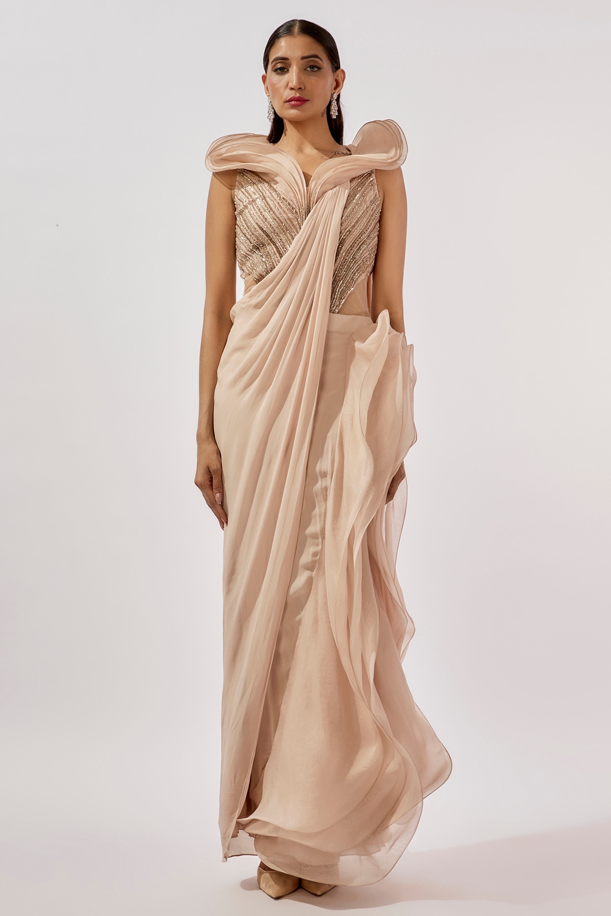 Rose Champagne Organza Bugle Bead & Glass Embroidered Gown Saree by ...