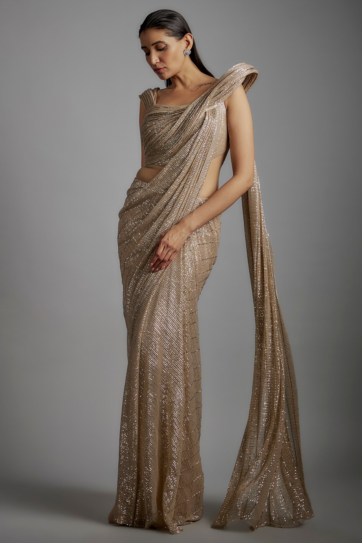 Champagne Sequins Bugle Bead Embroidered Gown Saree by Gaurav Gupta at ...