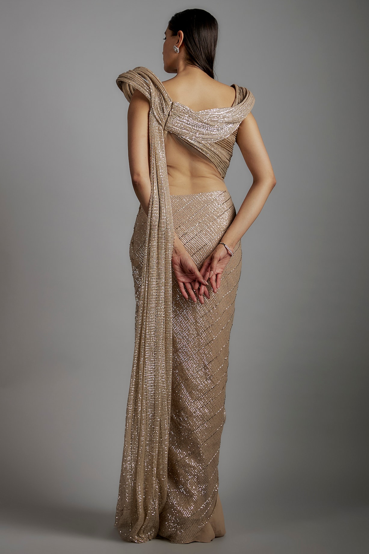 Champagne Sequins Bugle Bead Embroidered Gown Saree by Gaurav Gupta at ...