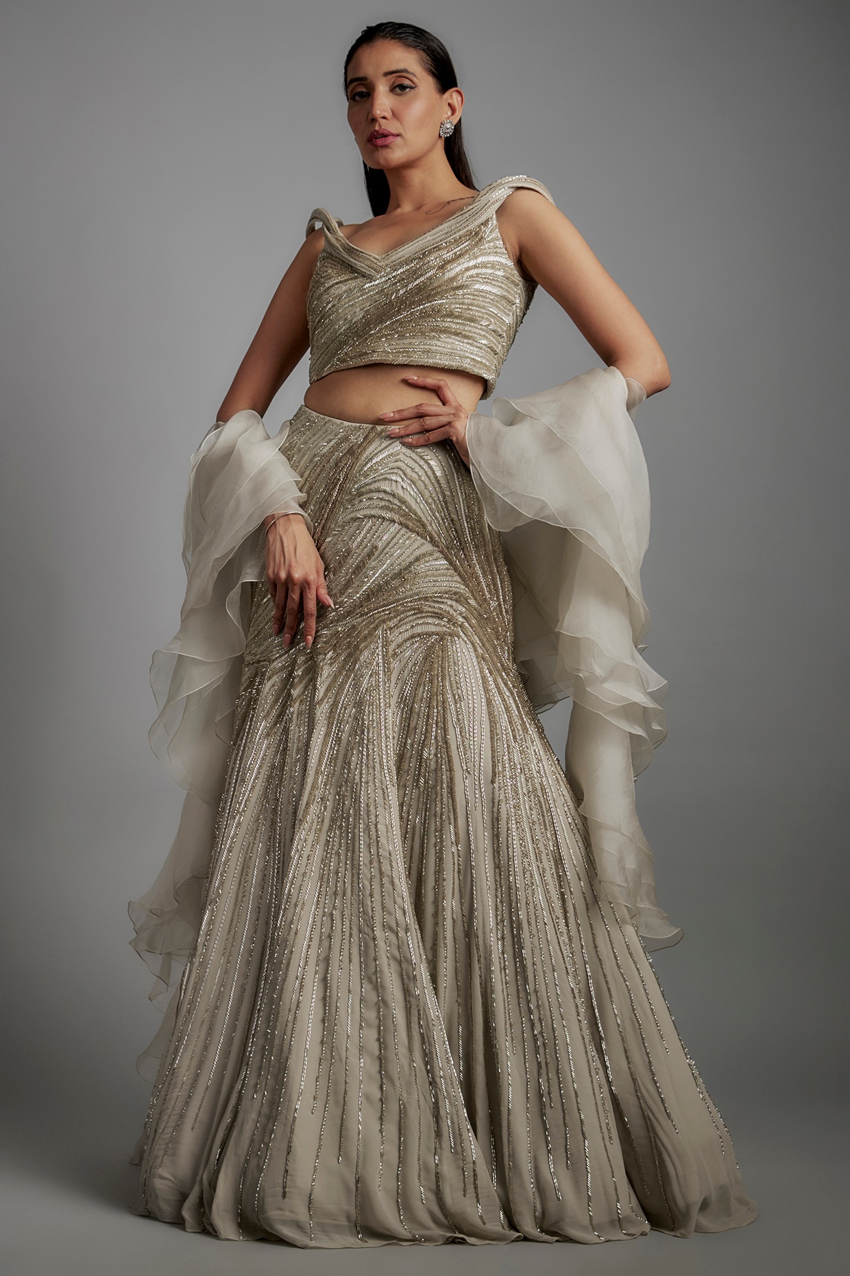 Sage Gold Viscose Georgette Bugle Bead Embroidered Bridal Lehenga Set ...