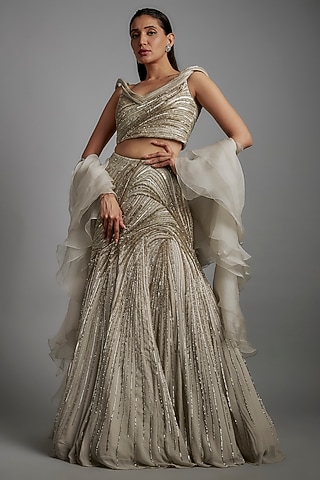 Sage Gold Viscose Georgette Bugle Bead Embroidered Bridal Lehenga Set ...