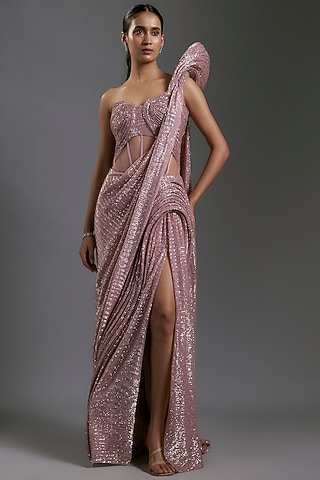 Rose Bud Sequins Bugle Beads Embroidered Sculpted Gown Saree by Gaurav ...