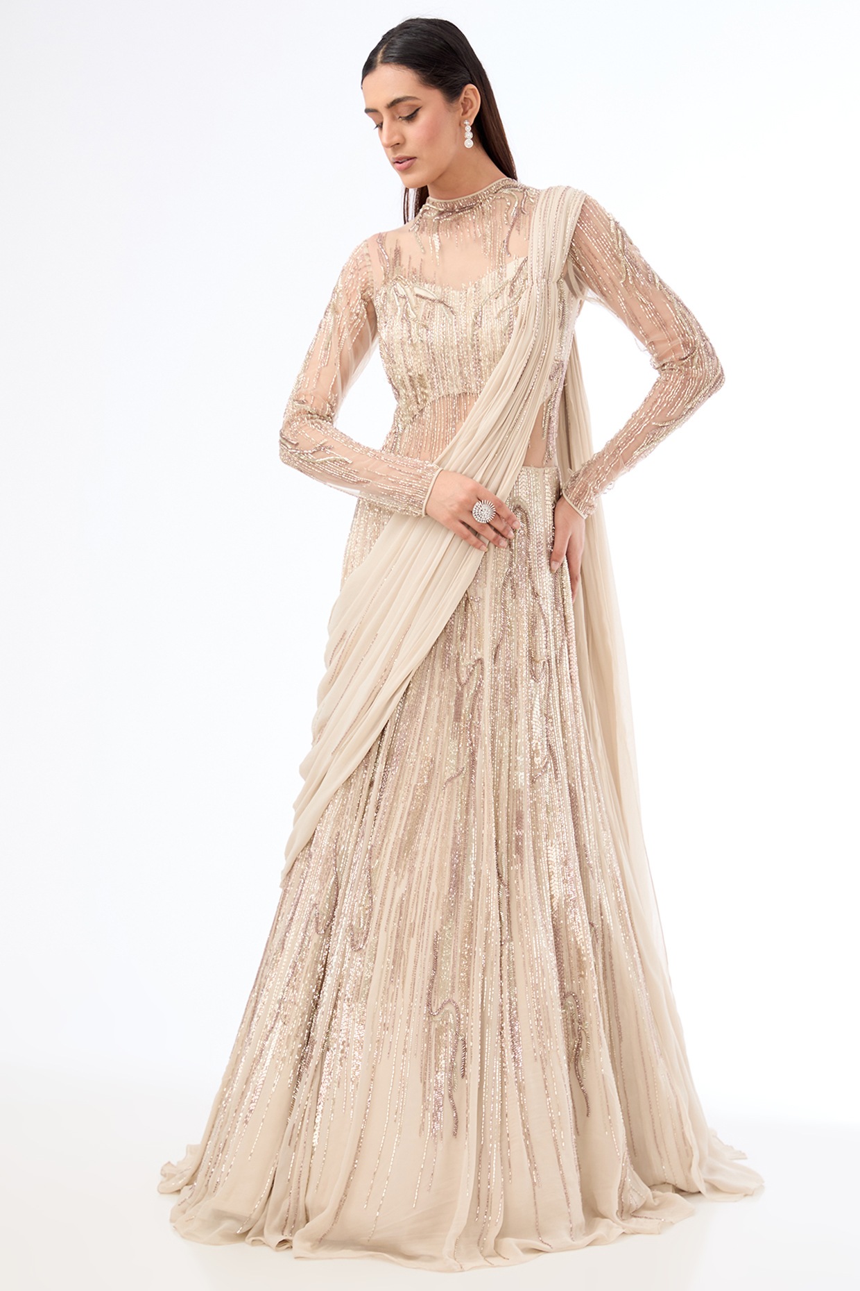 Sage Gold Viscose Georgette Glass Embroidered Lehenga Saree by Gaurav ...