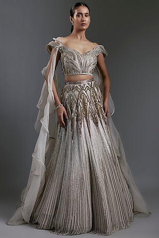 Sage Gold Viscose Georgette Bugle Beads Embroidered Bridal Lehenga Set ...