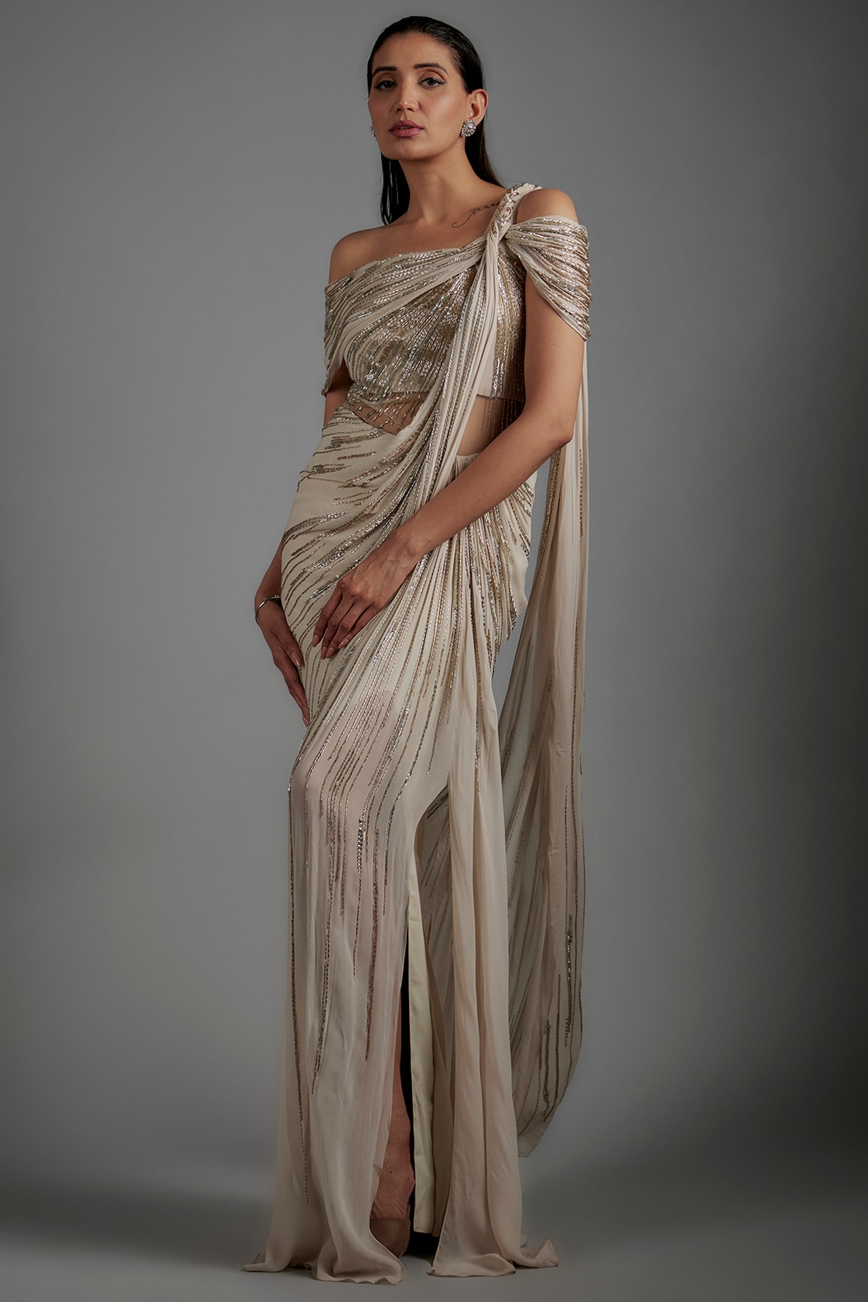 Sage Gold Viscose Georgette Bugle Bead Embroidered Gown Saree by Gaurav ...