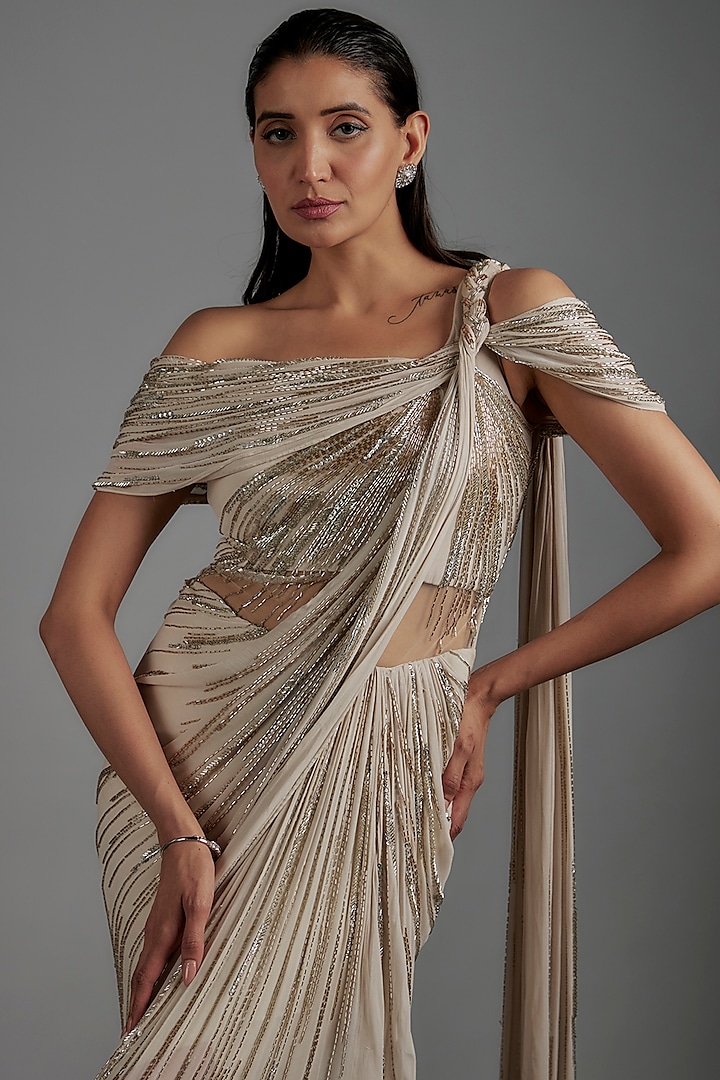 Sage Gold Viscose Georgette Bugle Bead Embroidered Gown Saree by Gaurav ...