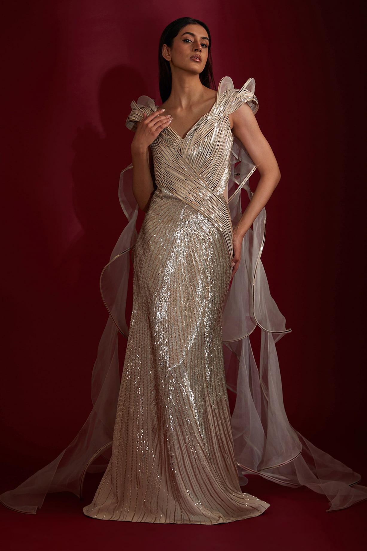 Sage Gold Crepe Glass Bugle Bead Embellished Sculpted Gown by Gaurav ...