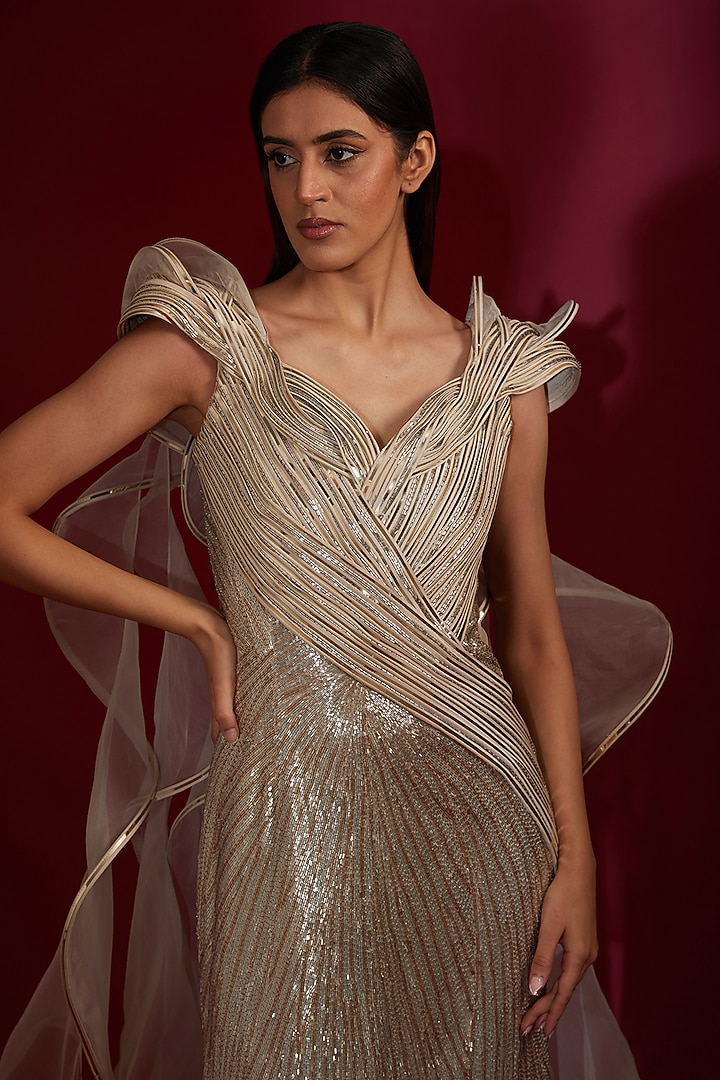 Sage Gold Crepe Glass Bugle Bead Embellished Sculpted Gown by Gaurav ...