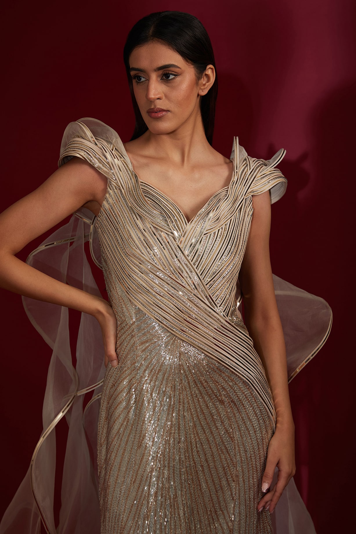 Sage Gold Crepe Glass Bugle Bead Embellished Sculpted Gown by Gaurav ...