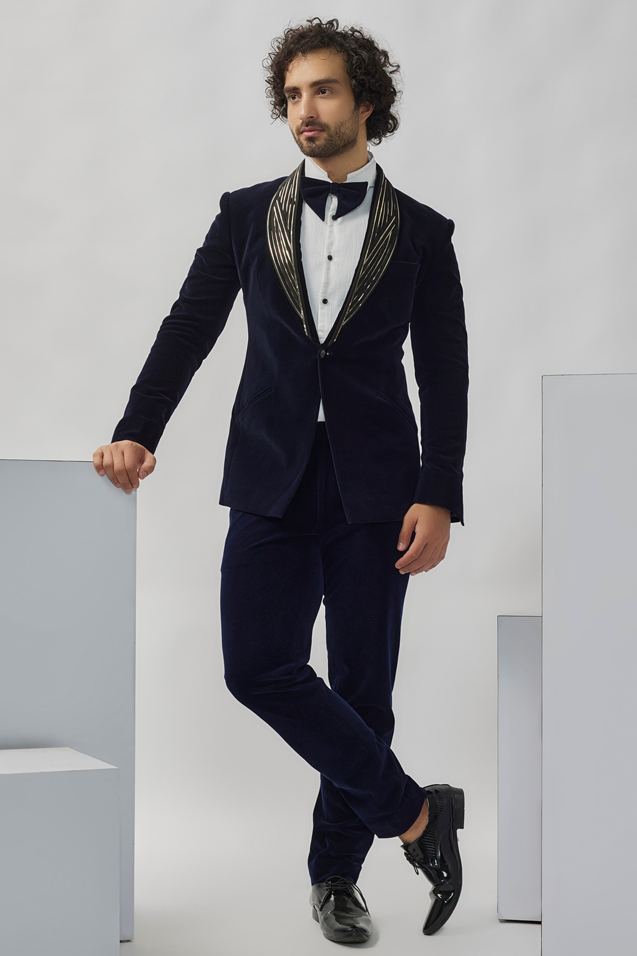 Midnight Blue Velvet Asymmetric Sculpted Tuxedo Set by Gaurav Gupta Men ...