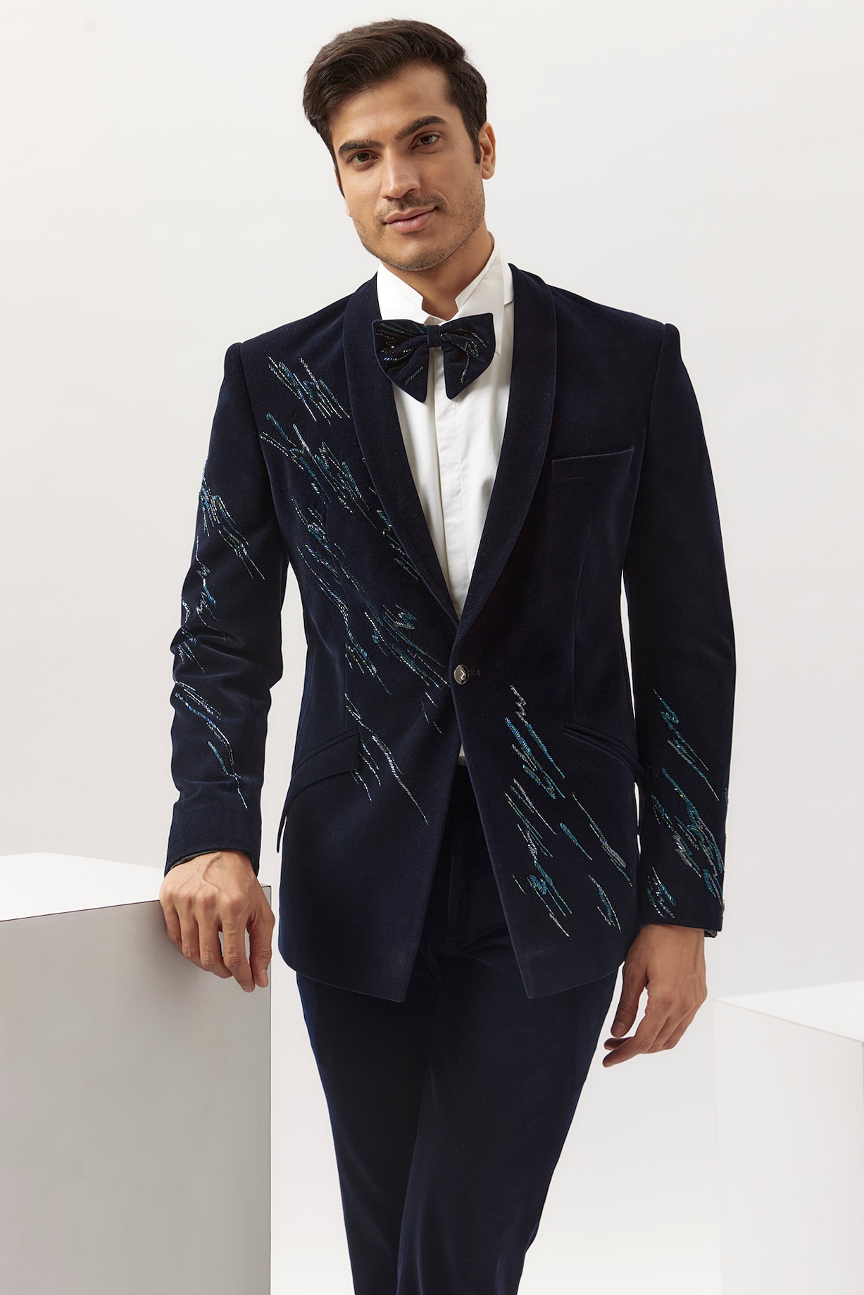 Midnight Blue Velvet Tuxedo Set by Gaurav Gupta Men at Pernia's Pop Up ...