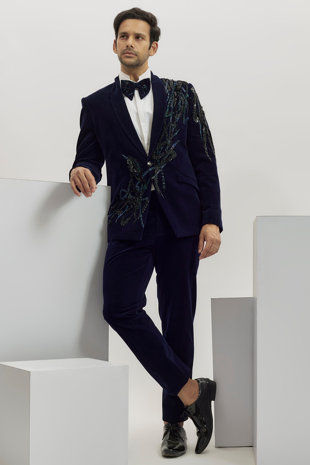 Midnight Blue Velvet Bugle Bead Embroidered Tuxedo Set by Gaurav Gupta ...