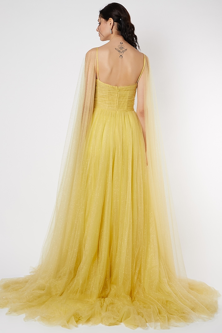 Yellow Flared Net Gown by Gauri And Nainika at Pernia's Pop Up Shop 2024