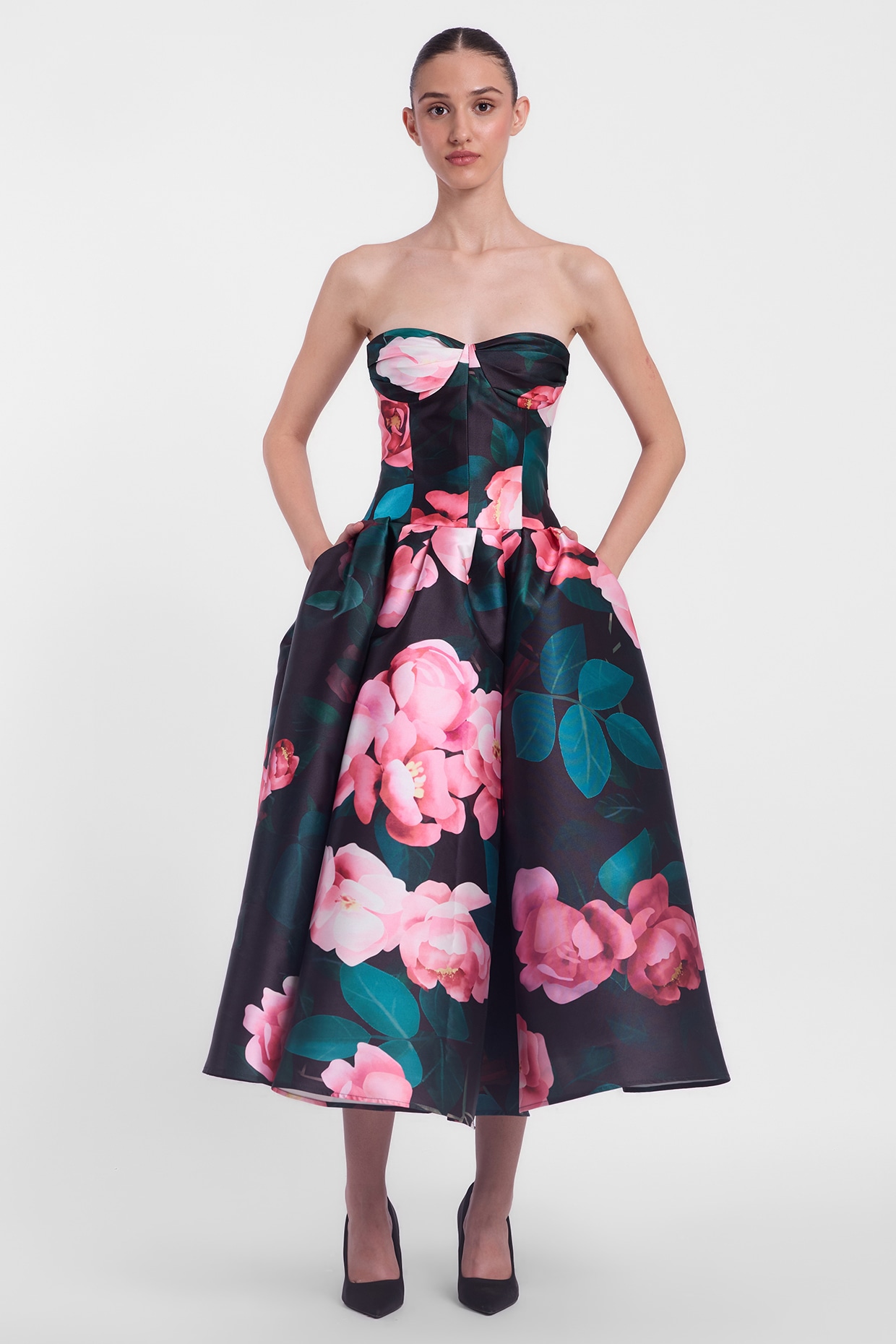 Black & Pink Mikado Printed Strapless Midi Dress by Gauri and Nainika ...