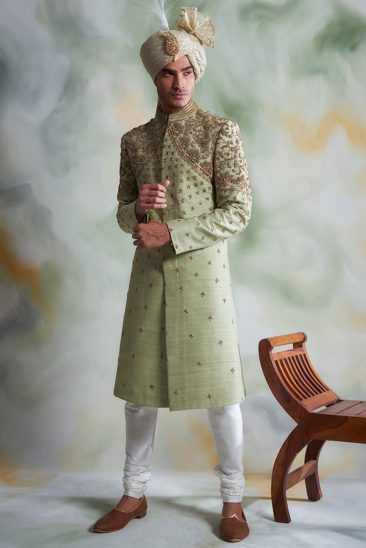 Mint Raw Silk Groom Sherwani Set by Gargee Designers at Pernia's Pop Up ...