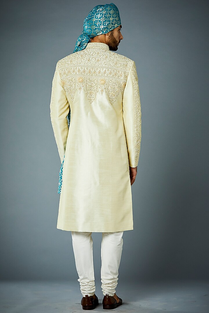 Ivory Poly Viscose Embroidered Groom Sherwani Set by Gargee Designers ...