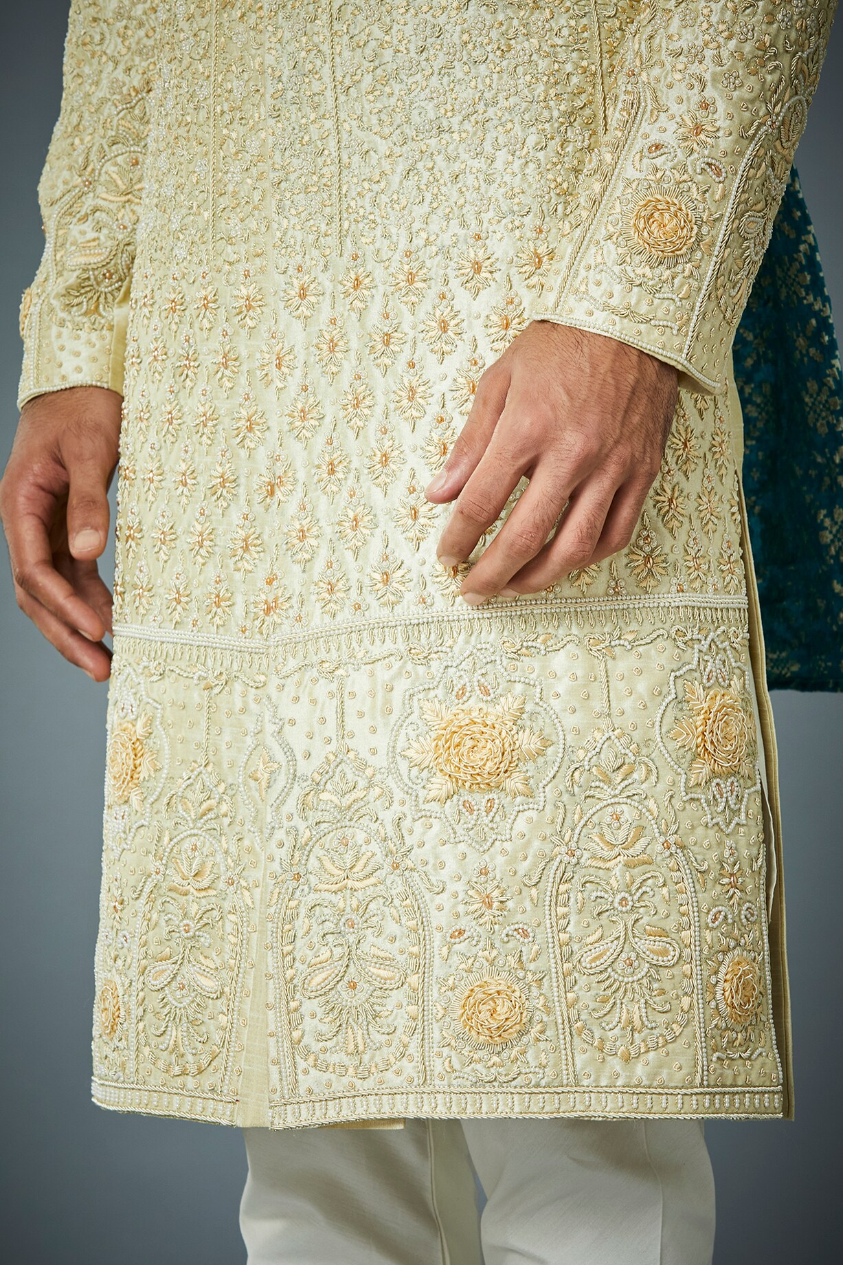 Ivory Poly Viscose Embroidered Groom Sherwani Set by Gargee Designers ...