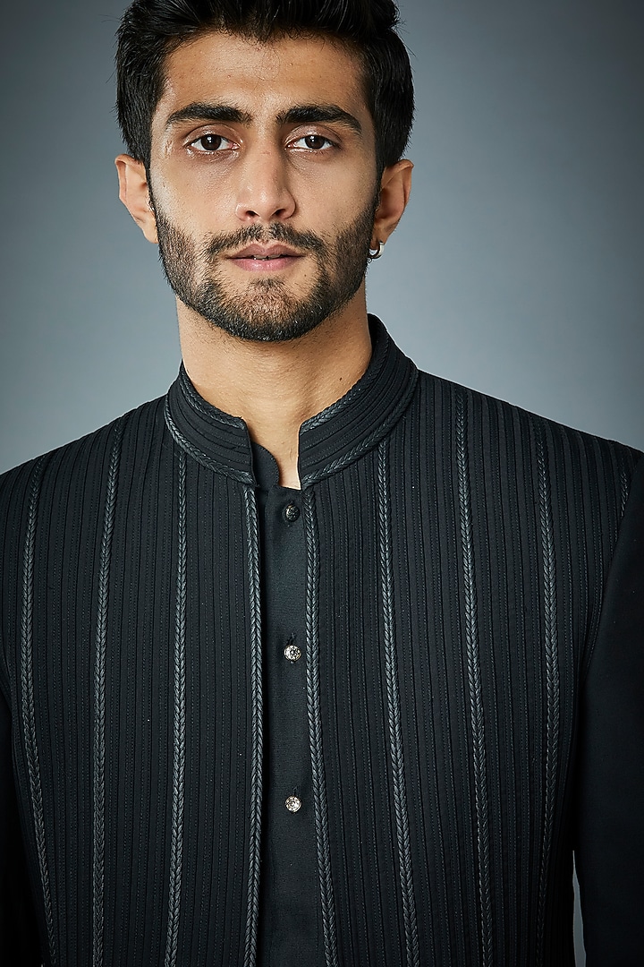 Black Poly Wool Bandhgala Set by Gargee Designers at Pernia's Pop Up ...