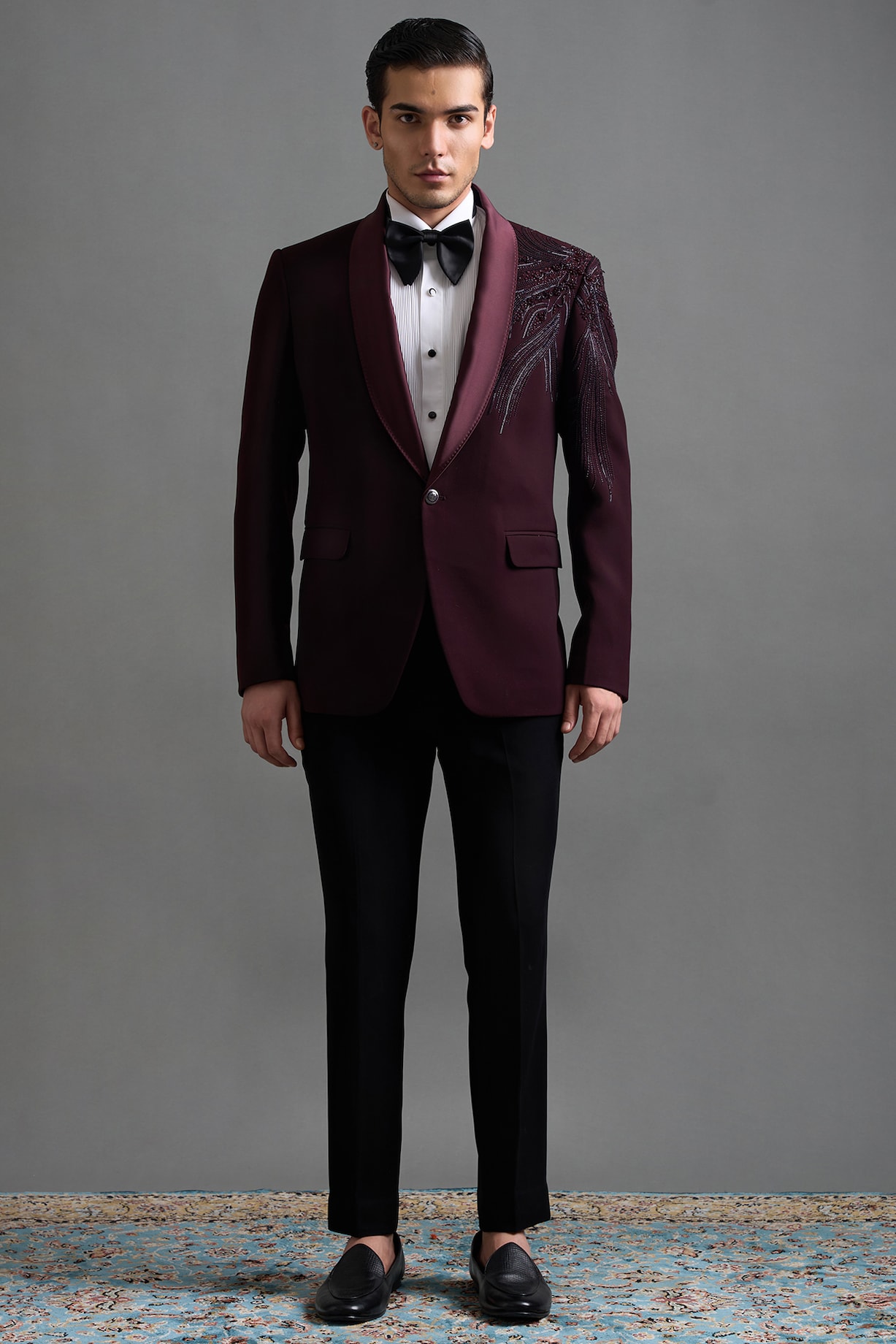 Deep Wine Polyester Hand Embroidered Tuxedo Set by Gargee Designers at ...