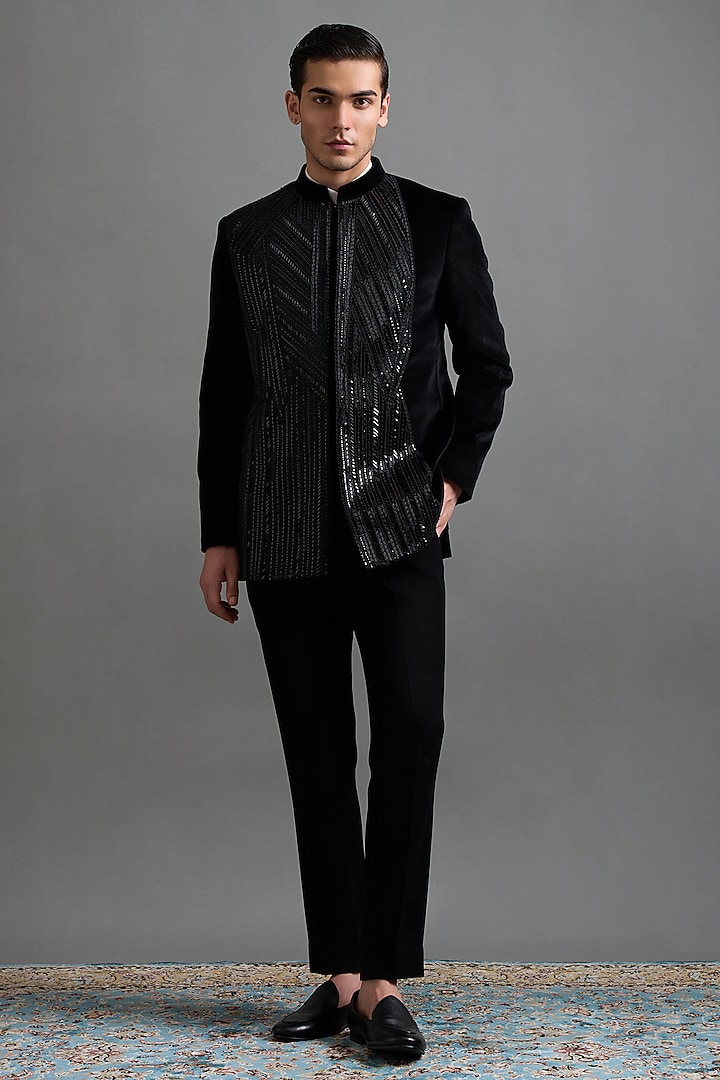 Jet Black Velvet Cutdana Embroidered Jodhpuri Set by Gargee Designers ...