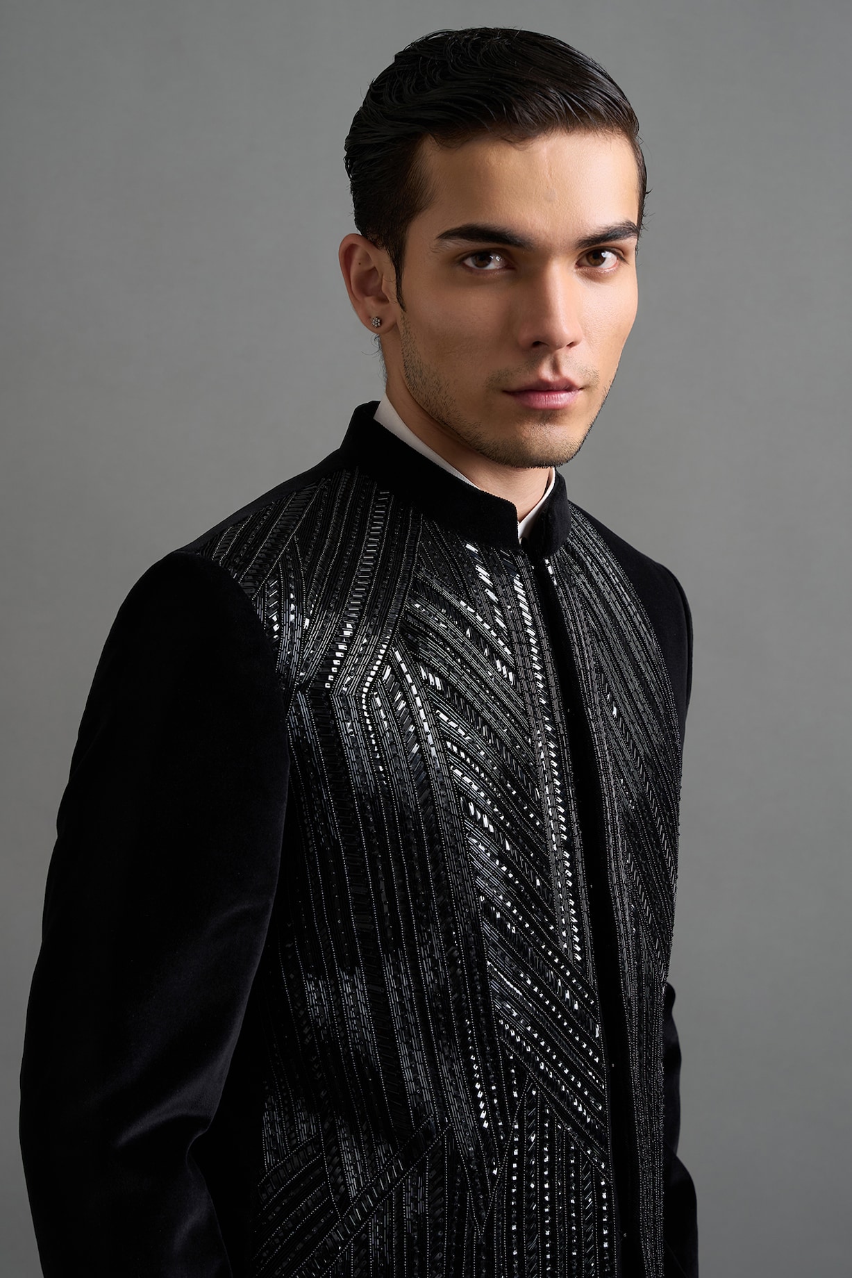 Jet Black Velvet Cutdana Embroidered Jodhpuri Set by Gargee Designers ...