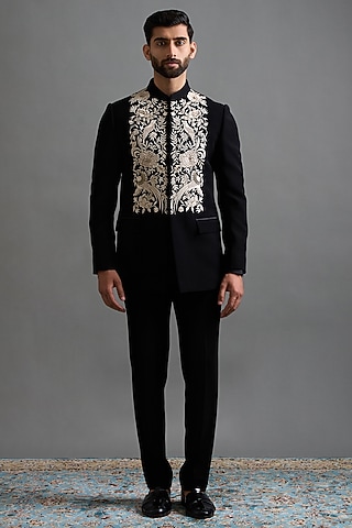 Black Velvet Hand & Machine Embroidered Jodhpuri Set by Gargee ...