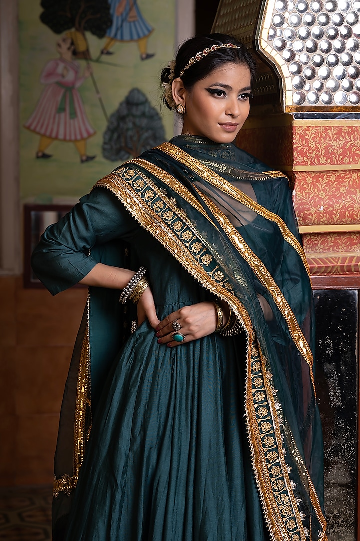 Green Chanderi Anarkali Set by GulaboJaipur by Saloni Panwar at Pernia ...