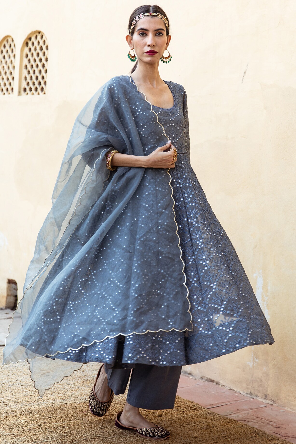 Grey Embroidered Anarkali Set Design by GulaboJaipur by Saloni Panwar ...
