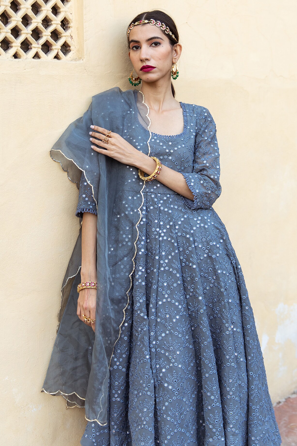 Grey Embroidered Anarkali Set Design by GulaboJaipur by Saloni Panwar ...