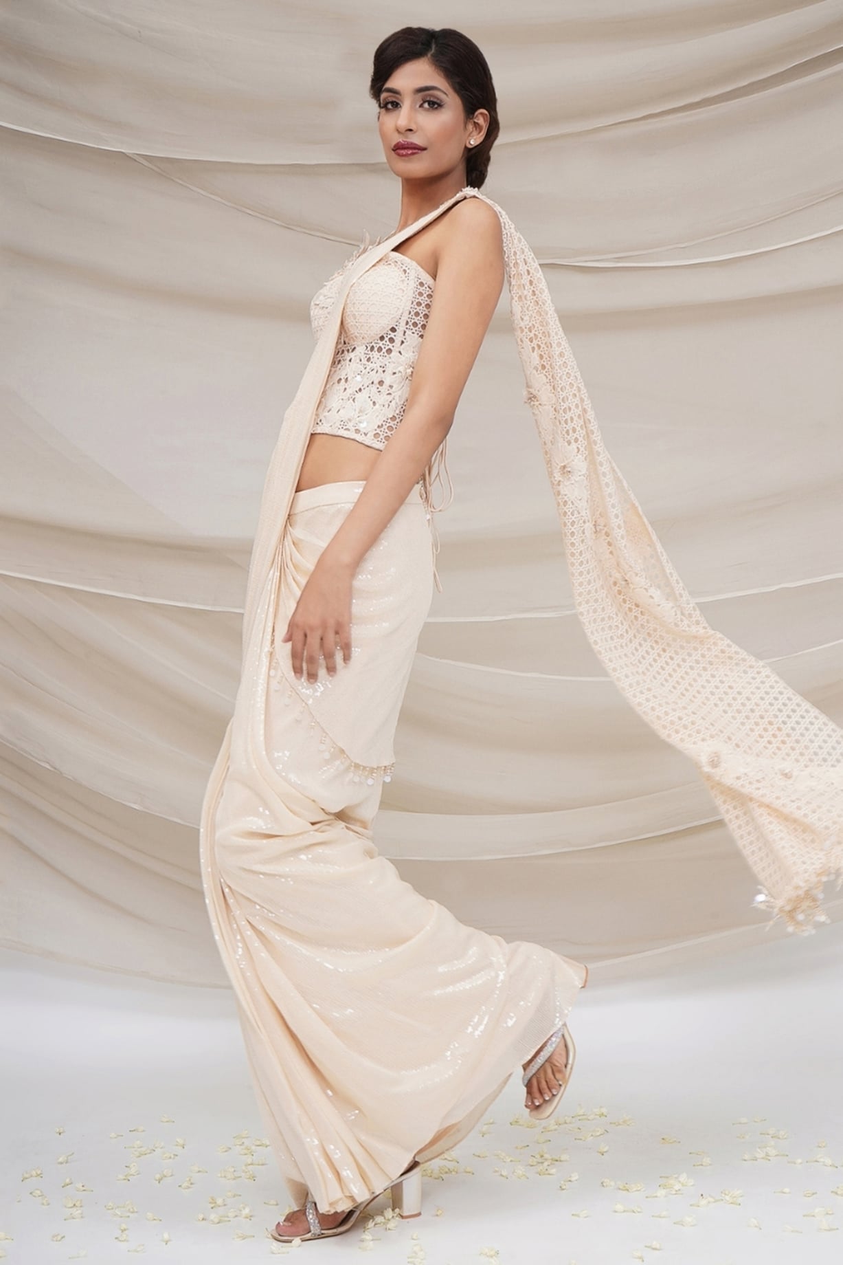 Ivory Sequins Georgette Draped Reception Saree Set by GEE SIN by ...