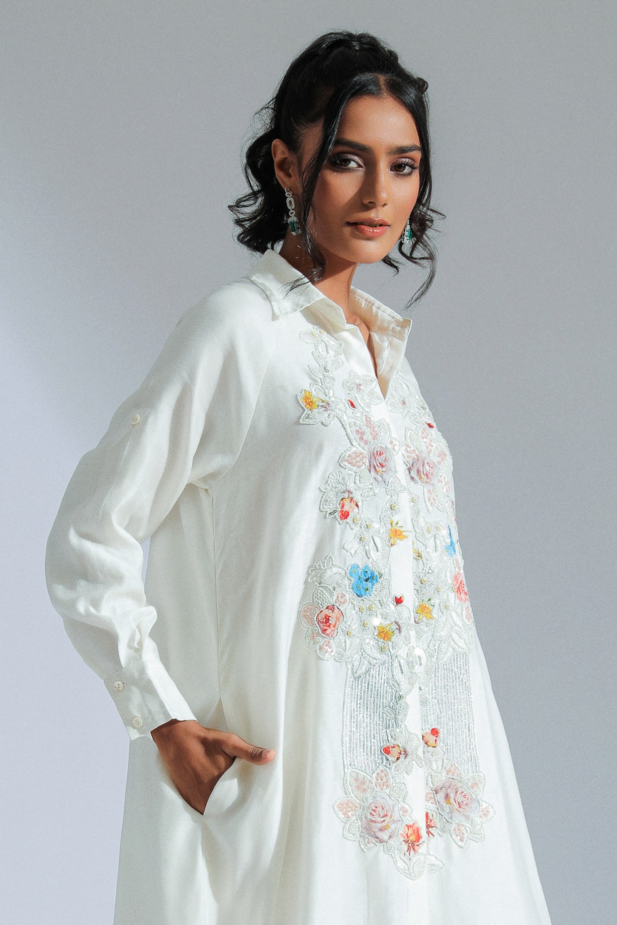White Cotton Mul Mul Bead Embroidered Shirt Dress by GEE SIN by ...