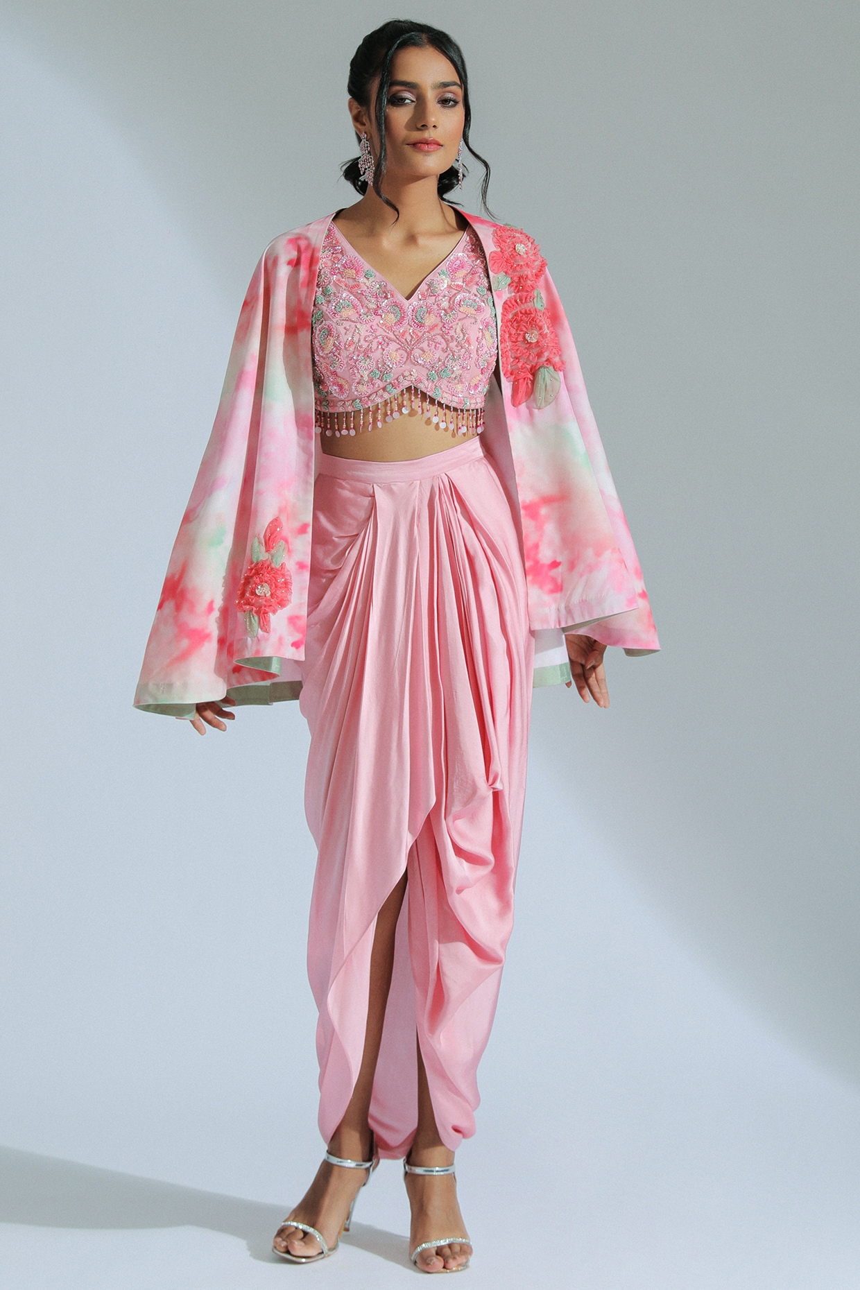 Pink & Sage Green Georgette Crystal Embroidered Cape Set by GEE SIN by ...