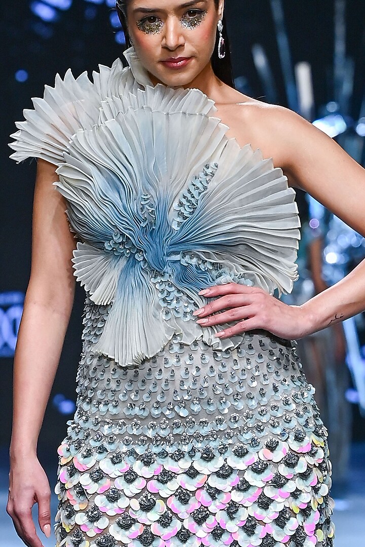 Teal Blue & White Rexine Hand Embroidered Sculpted Mini Dress by Geisha ...