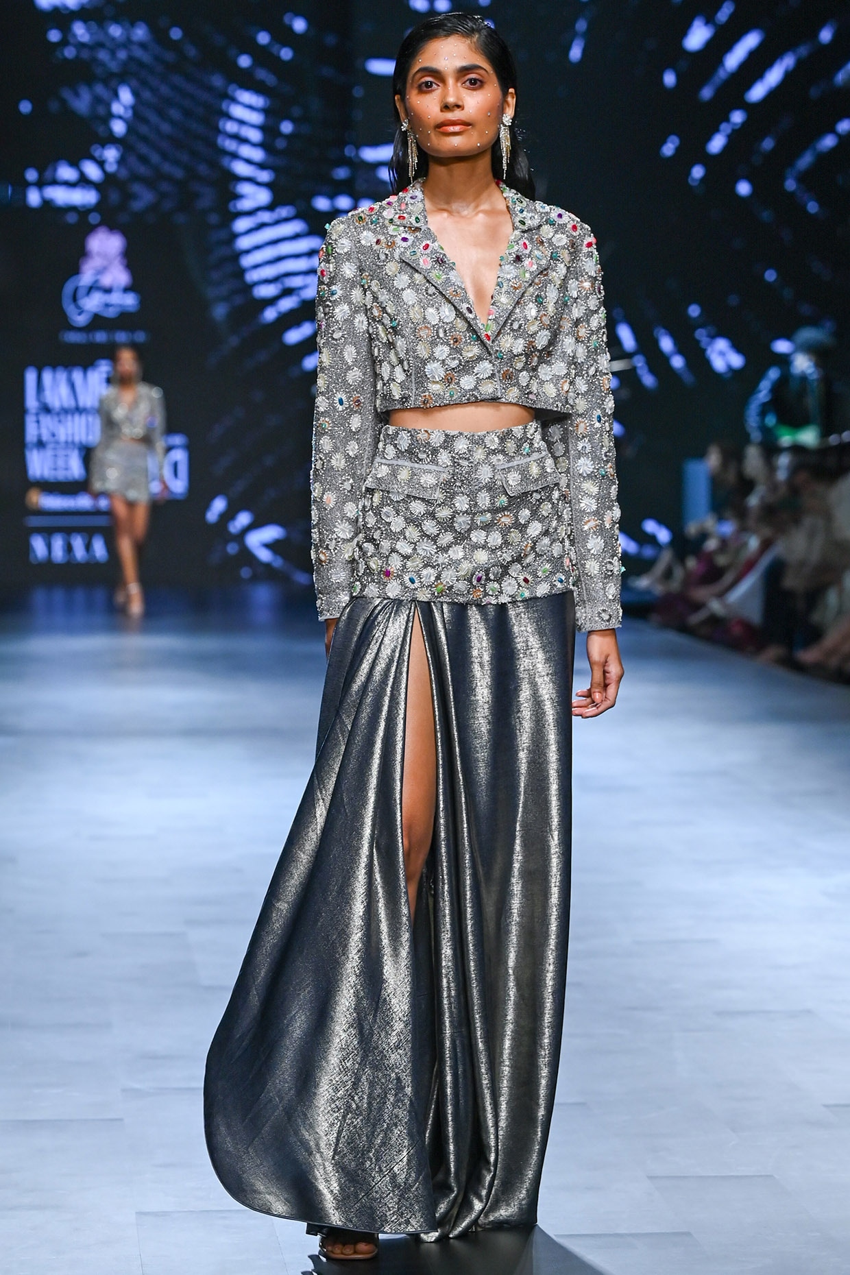 Grey Polyester & Nylon Gems Hand Embroidered Cropped Blazer Set by ...