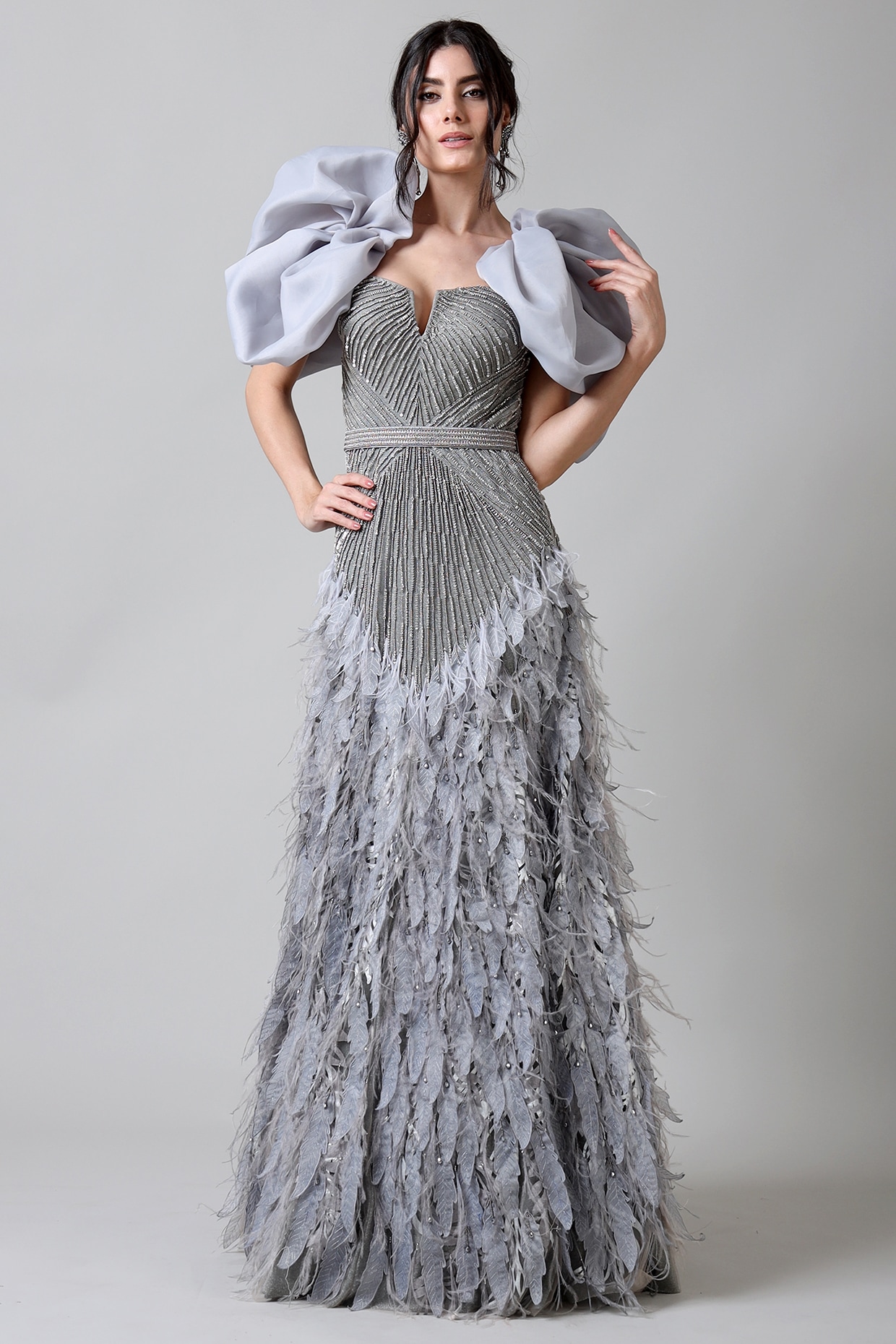 Grey Nylon & Polyester Crystal Work Gown by Geisha Designs at Pernia's ...