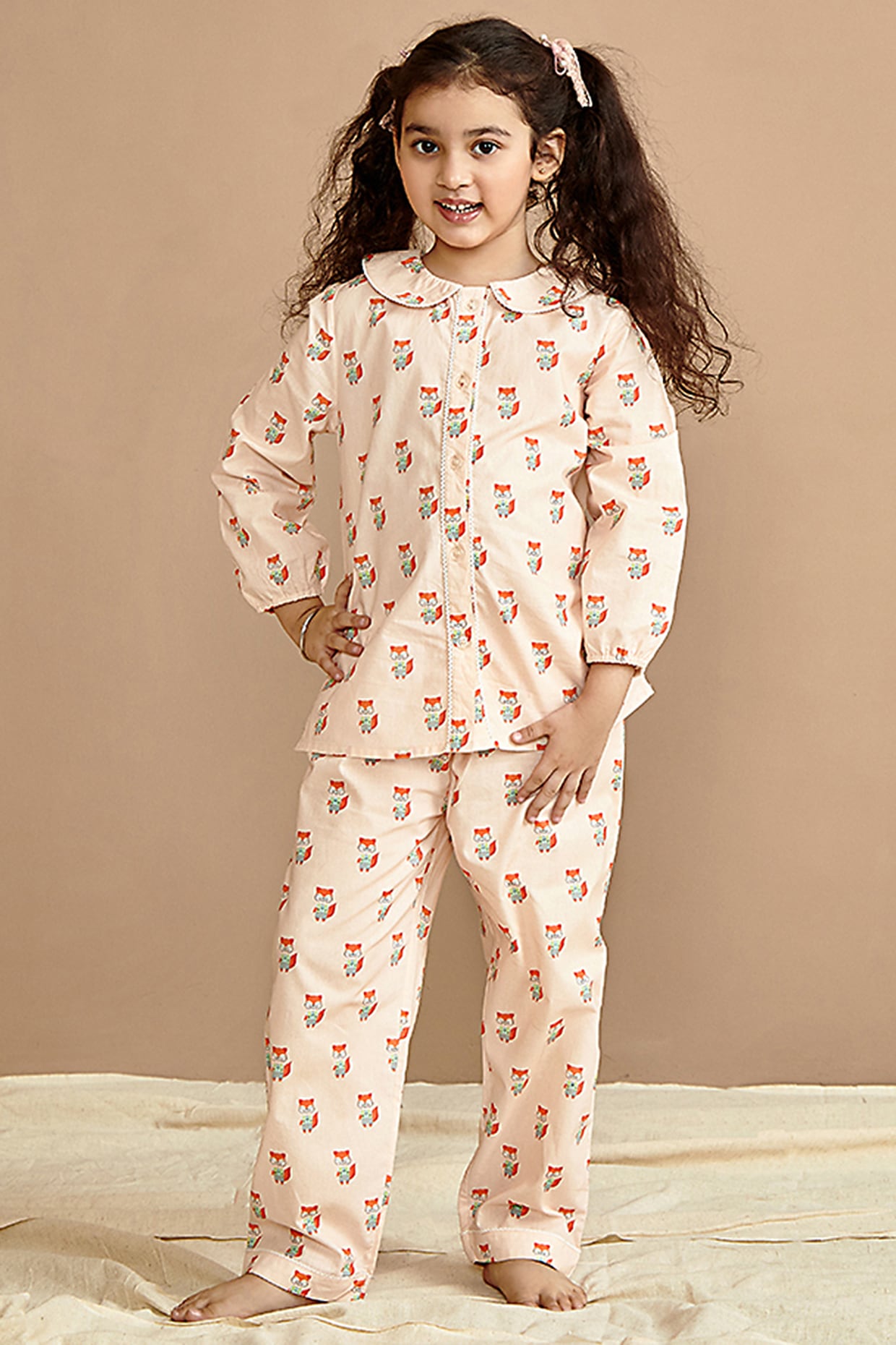 Peach Cotton Printed Night Suit Set For Girls by Giggle Buns at Pernia ...