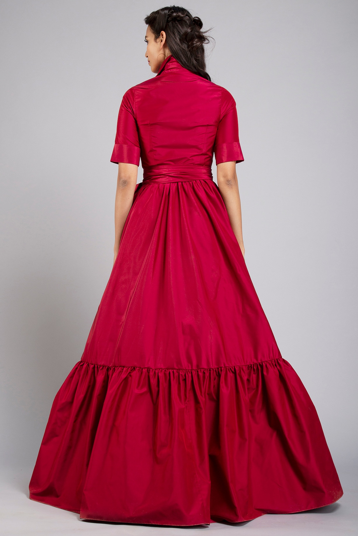 Maroon Taffeta Wrap Gown by Gauri And Nainika at Pernia's Pop Up Shop 2025